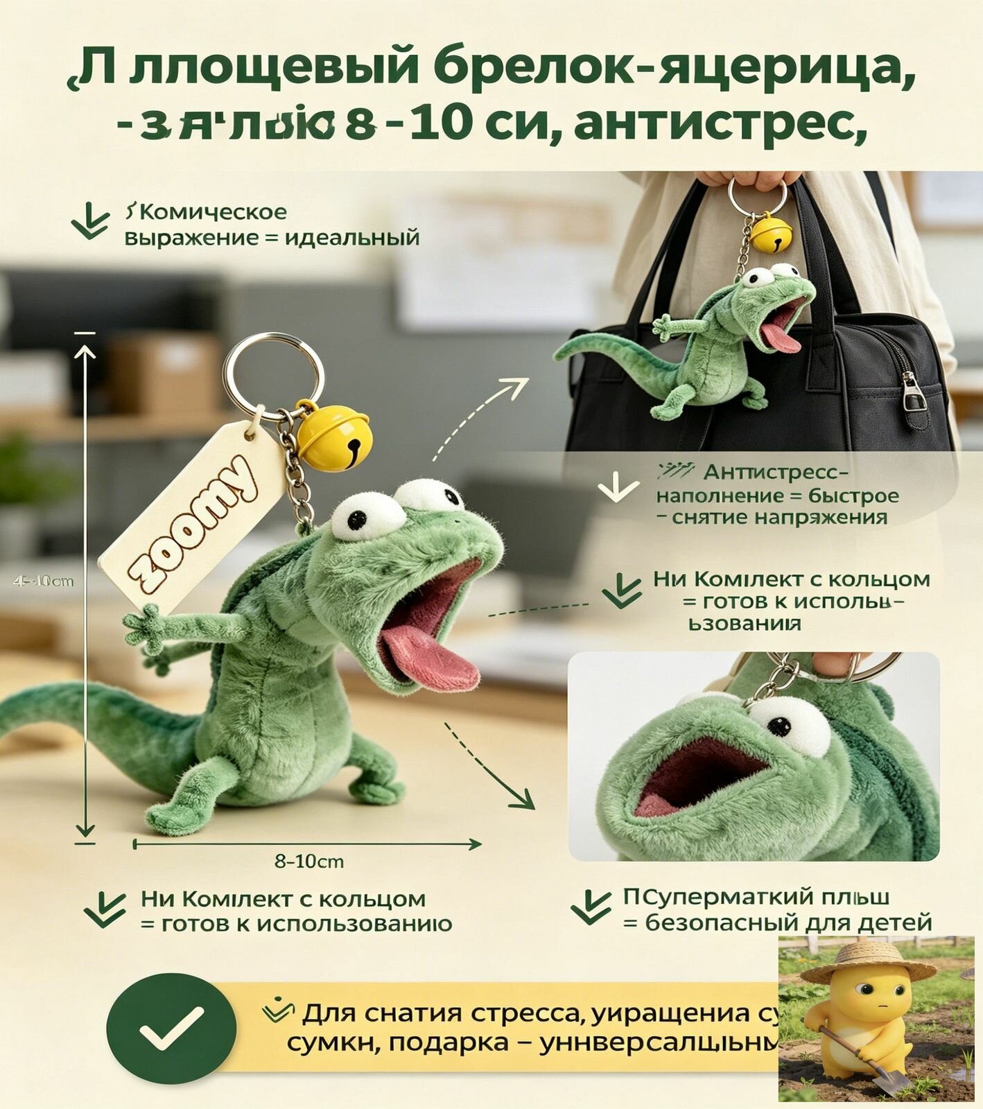 Плюшевый брелок-ящерица, мятно-зелёный, 8-10 см, антистресс - комическое выражение, супермягкий плюш, с колокольчиком - для снятия стресса,