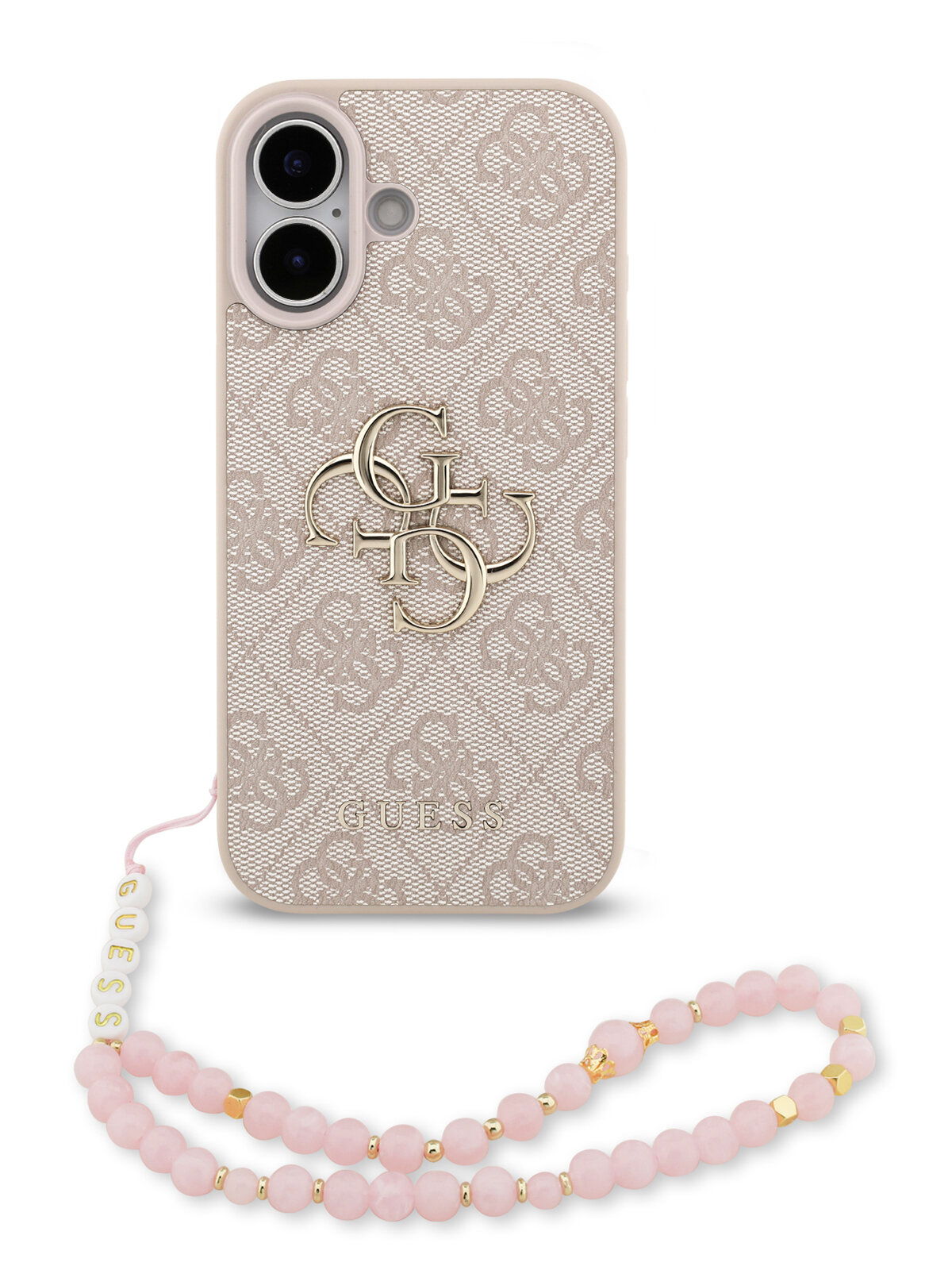 Чехол Guess на iPhone 17, со шнурком из бусин на запястье, с защитной рамкой вокруг камеры, розовый
