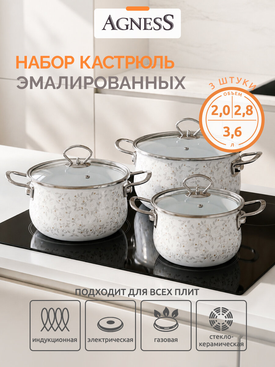 Набор кастрюль эмалированных: 3 штуки по 2 л, 2,8 л и 3,6 л Agness "Вивьен" для всех видов плит