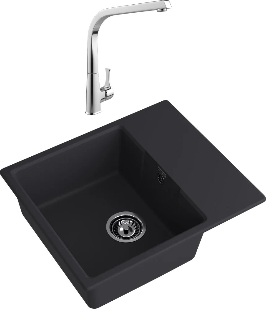 Комплект Мойка GranFest Urban 658L 58x49, черная, кварц / Смеситель MEGA Mega MG-SUN03 глянцевый хром