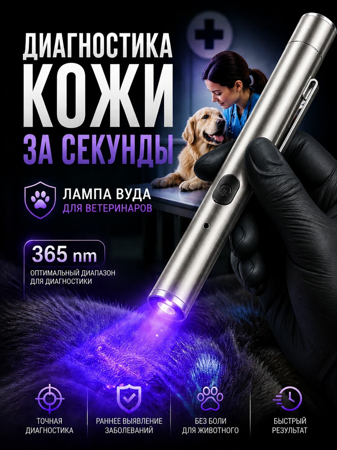 Ультрафиолетовая лампа Вуда 365 nm для животных, диагностика лишая и грибка, UV фонарик для ветеринаров, USB зарядка