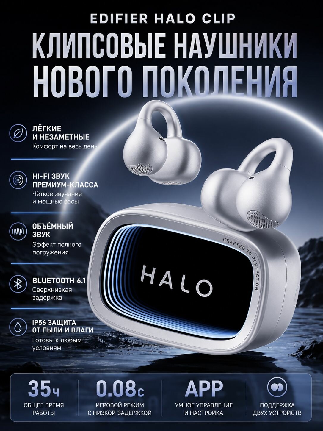 Беспроводные клипсовые наушники Edifier Halo Clip, Bluetooth 6.1, IP56, до 35 часов работы