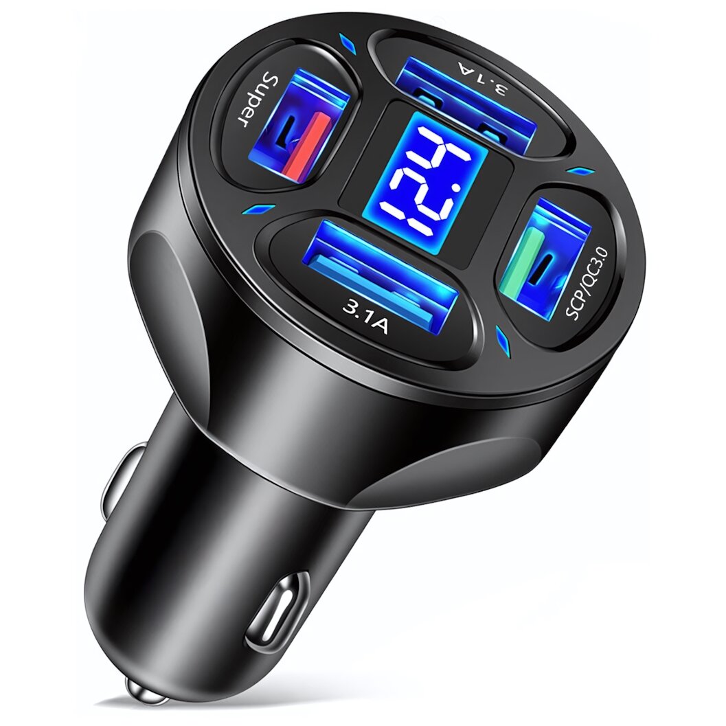 Зарядное устройство автомобильное ENERGY ET-46A, 4xUSB-A, QC 3.0, 66Вт, дисплей, черный