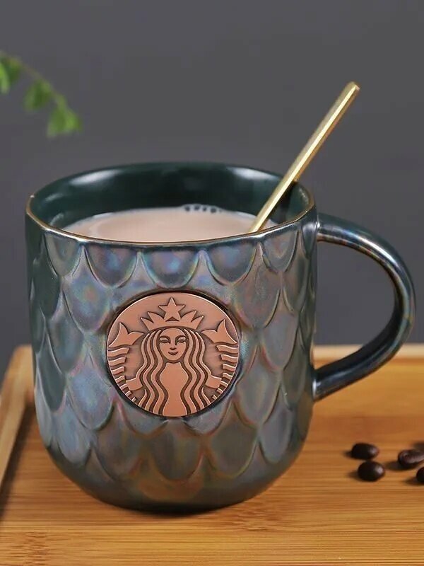 Керамическая кружка Starbucks рельеф чешуя перламутр, медный медальон сирена, чашка для кофе подарок,