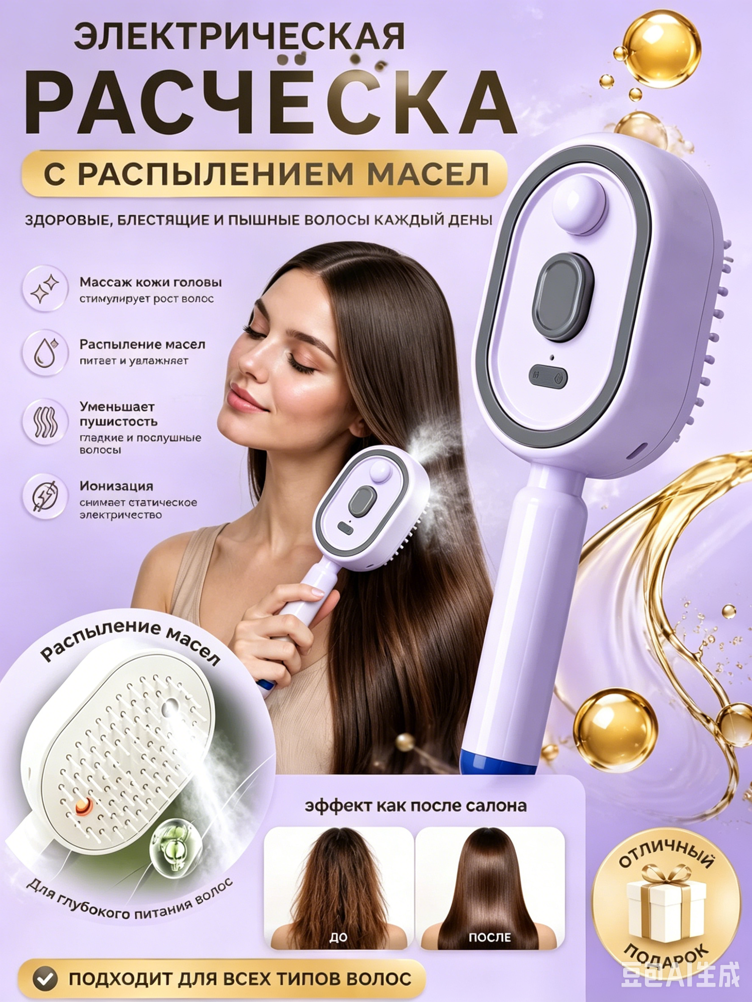 Электрическая расческа с распылителем и массажем, самоочищающаяся, антистатическая, против пушистости, для объема волос