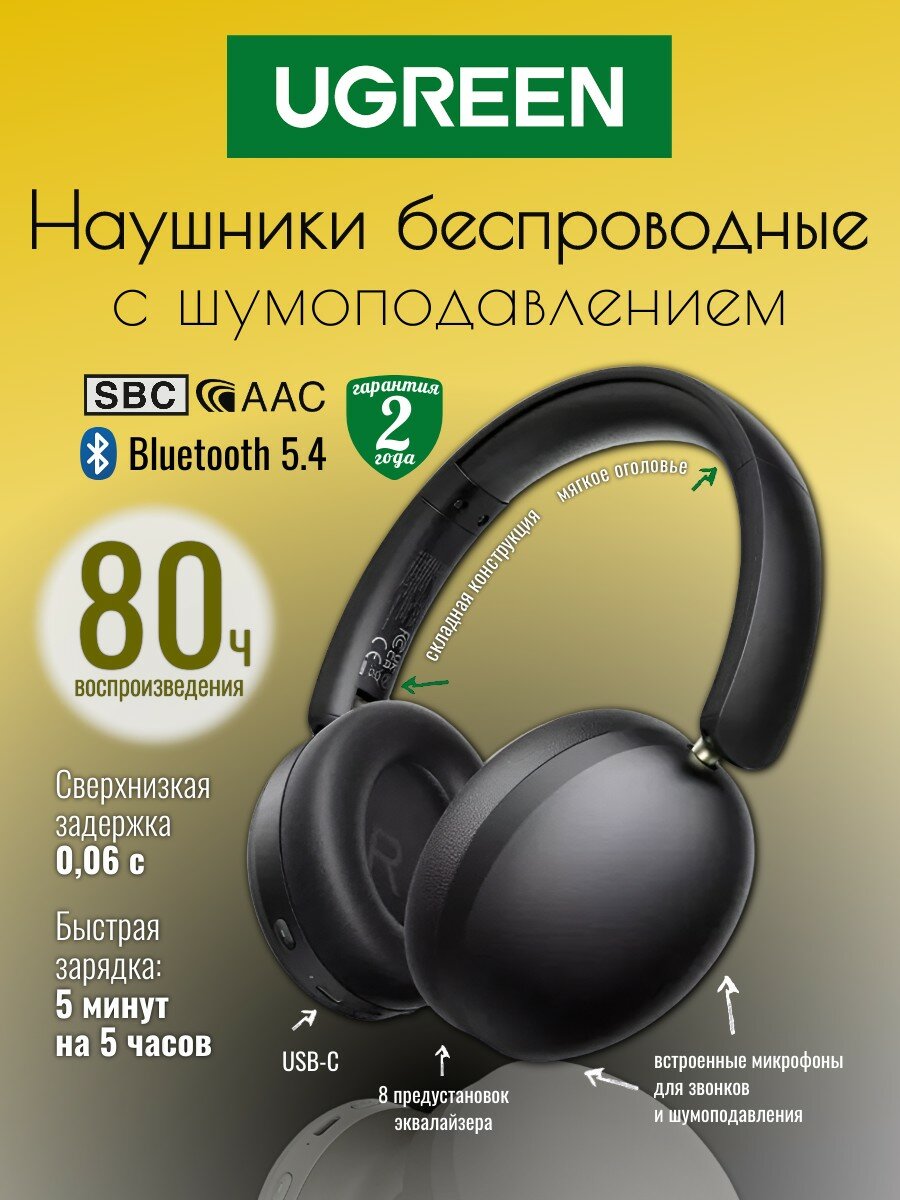 Накладные наушники беспроводные UGREEN HP205 (45018) Studio Max2 Light Wireless Headphones. Цвет: черный