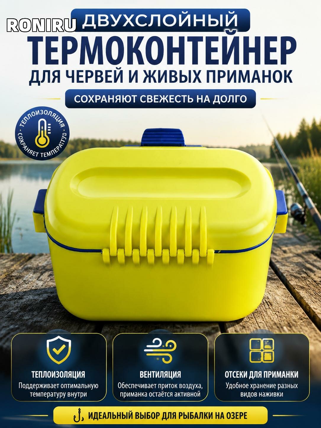 Двухслойный термоконтейнер для червей и живых приманок с изоляцией, вентиляцией и отсеками для рыбалки на озере