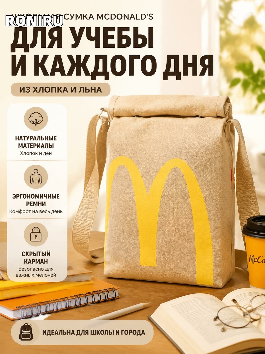 Школьная сумка McDonald's из хлопка и льна — через плечо для учебников с эргономичными ремнями и скрытым карманом