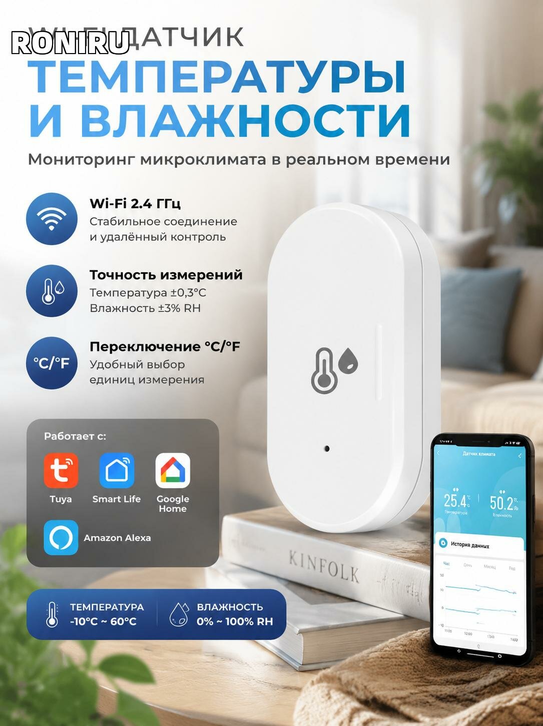 WiFi датчик температуры и влажности для мониторинга микроклимата в реальном времени, 2.4 ГГц, переключение C/F
