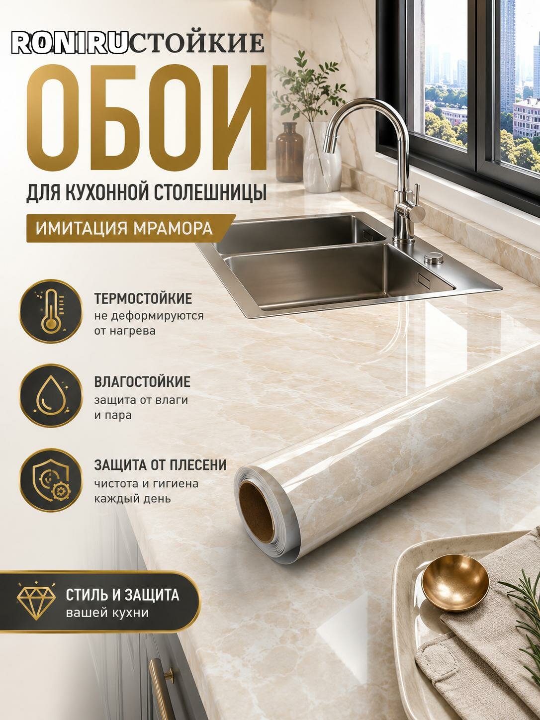 Маслостойкие обои для кухонной столешницы с имитацией мрамора — термостойкие, влагостойкие, защита от плесени