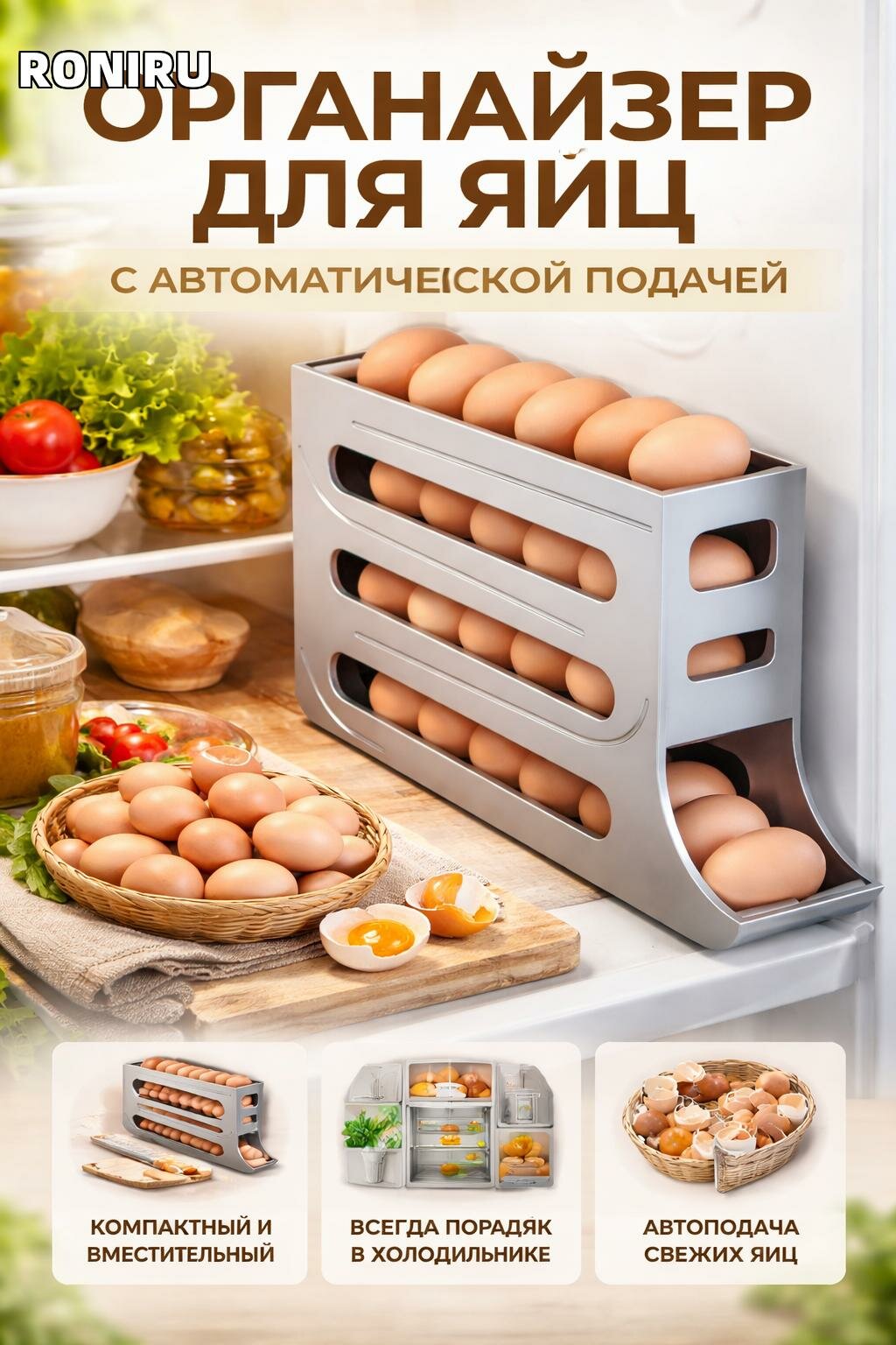 Органайзер для яиц с автоматической подачей в холодильник — компактный удобный лоток для хранения яиц и порядка