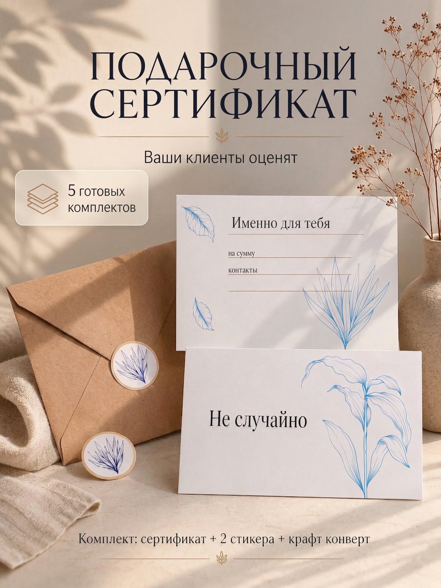 Набор подарочных сертификатов с конвертами и стикерами в жесткой упаковке