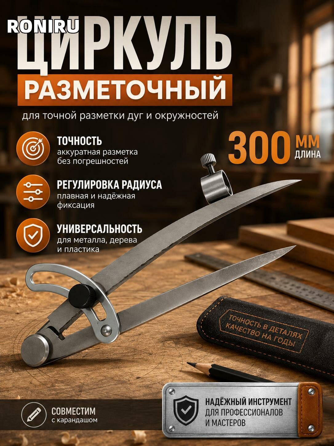 Циркуль 300 мм для точной разметки дуг и окружностей на металле дереве и пластике, с регулировкой радиуса совместим с карандашом и защитным чехлом