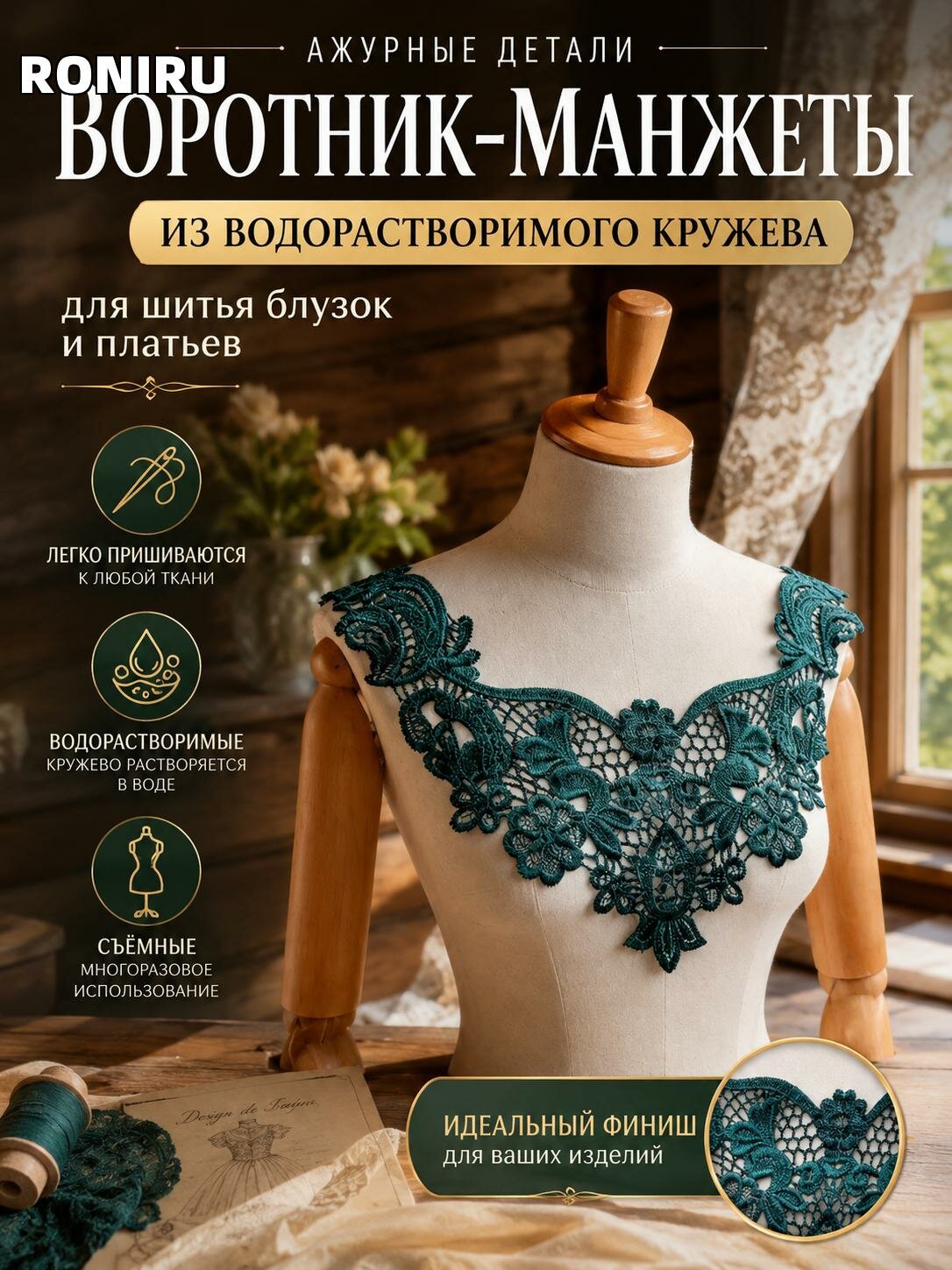 Воротник-манжеты из водорастворимого кружева, ажурные детали для шитья блузок и платьев легко пришиваются и снимаются