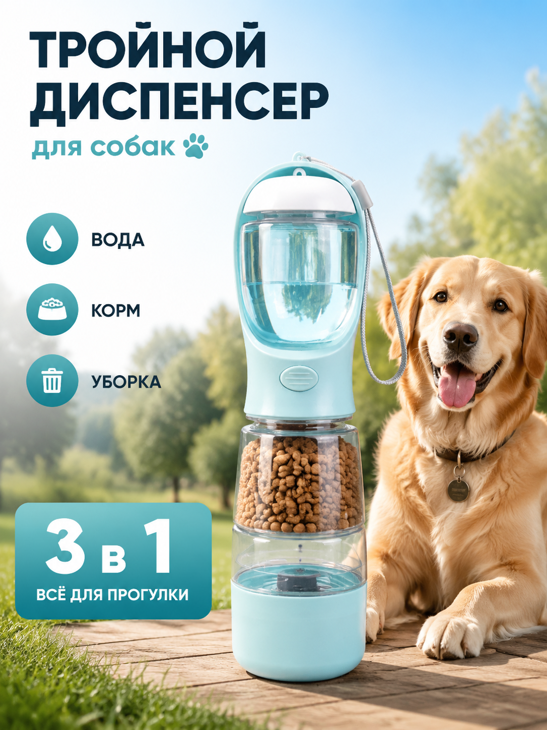 Тройной диспенсер воды и корма для собак портативный стакан для прогулок на природе