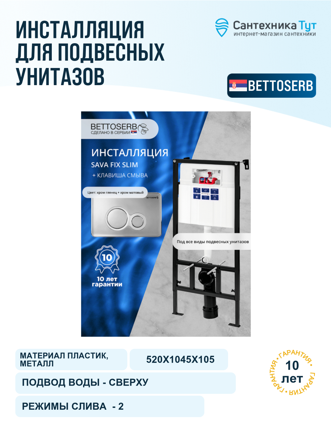 Инсталляция для унитаза Bettoserb Sava Fix Slim SET40006463 с бачком и кнопкой смыва хром