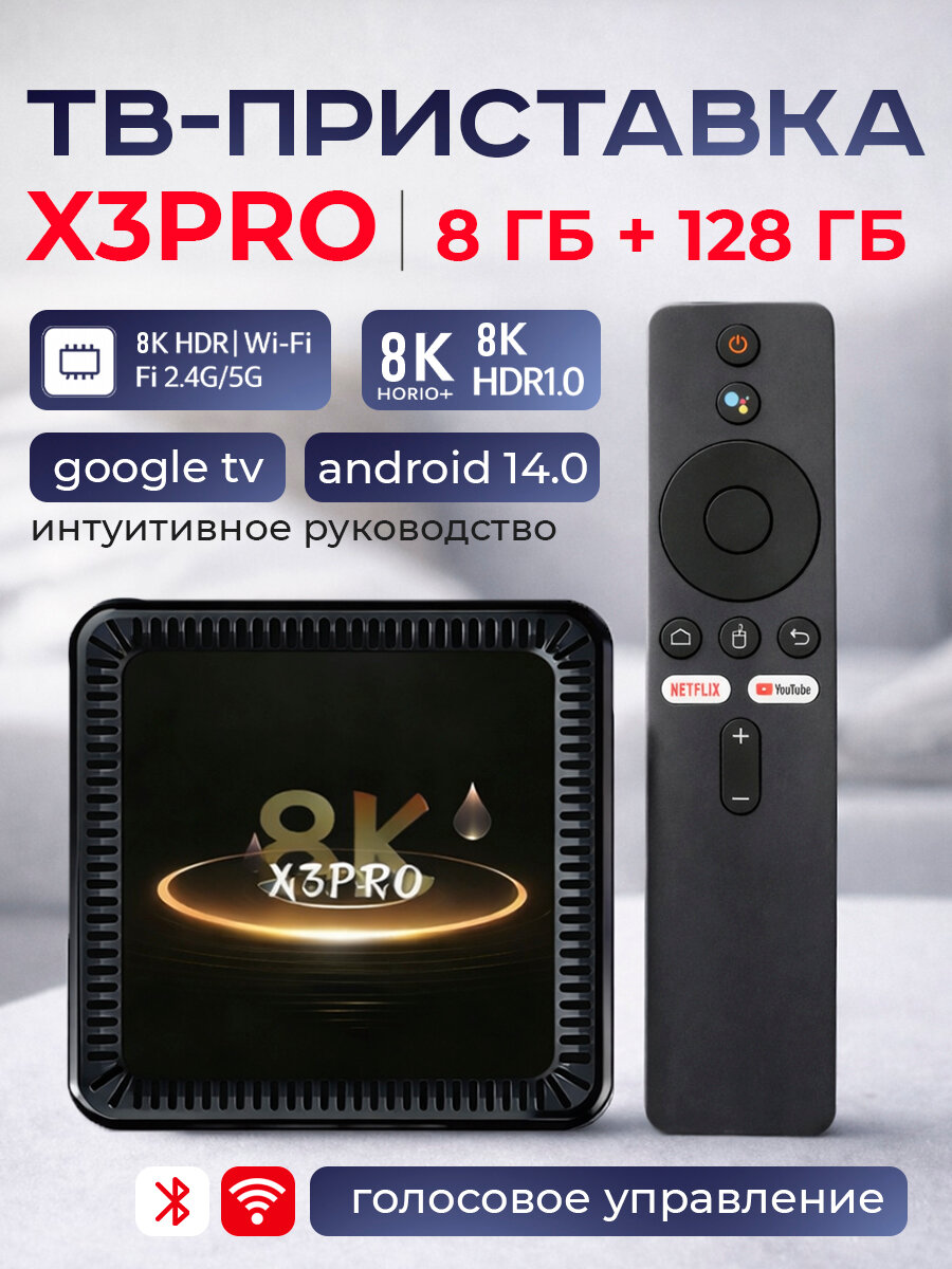 Android TV Box X3PRO: Быстрый и плавный (4-ядерный H618, 2+8 ГБ), 4K приставка
