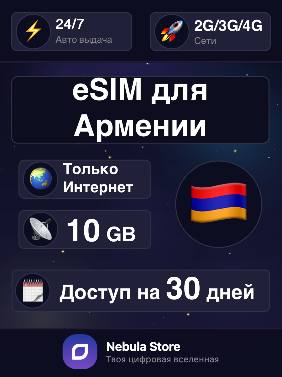 ESIM Армения | Интернет | 10 ГБ на 30 дней | 4G | Для телефона и планшета - автовыдача 24/7