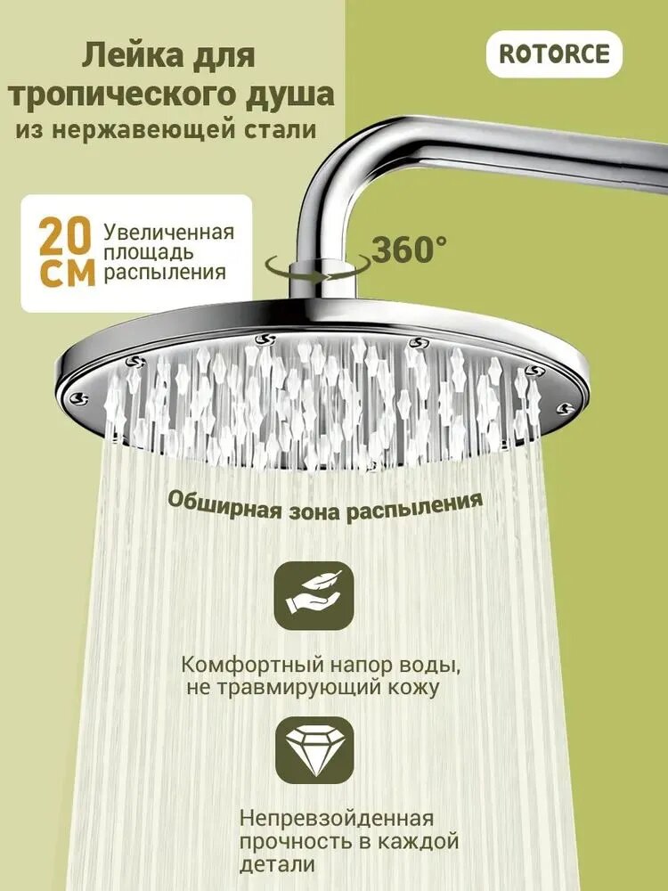 Тропический душ лейка верхняя из нержавеющей стали, 20см, лейка для тропического душа верхняя с фильтрующей сеткой, разборная конструкция, ROTORCE