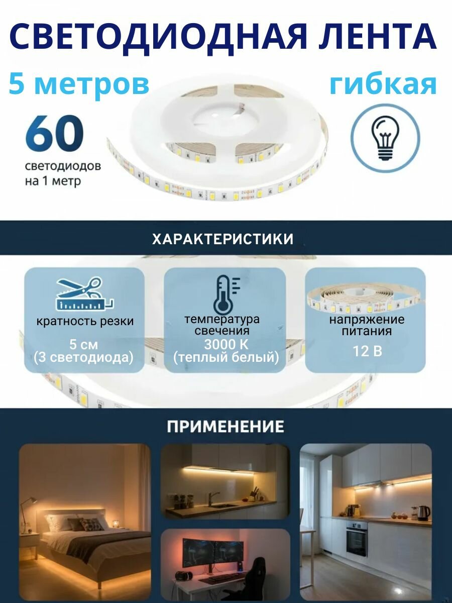 Лента светодиодная 3000К IP20 12В 6Вт 5м