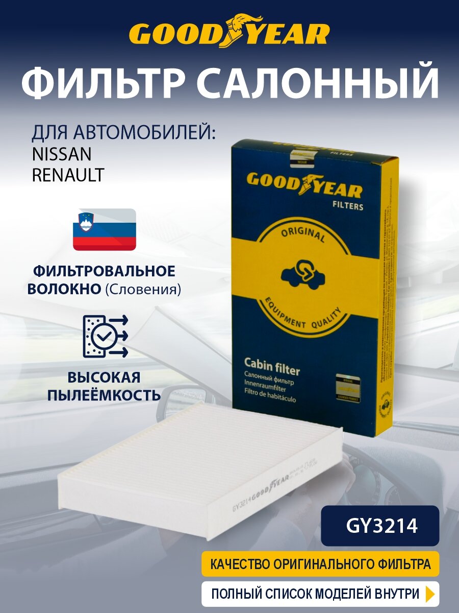 Фильтр салонный автомобильный Goodyear GY3214 для NISSAN: JUKE, PULSAR, SENTRA, TIIDA III; RENAULT: FLUENCE/