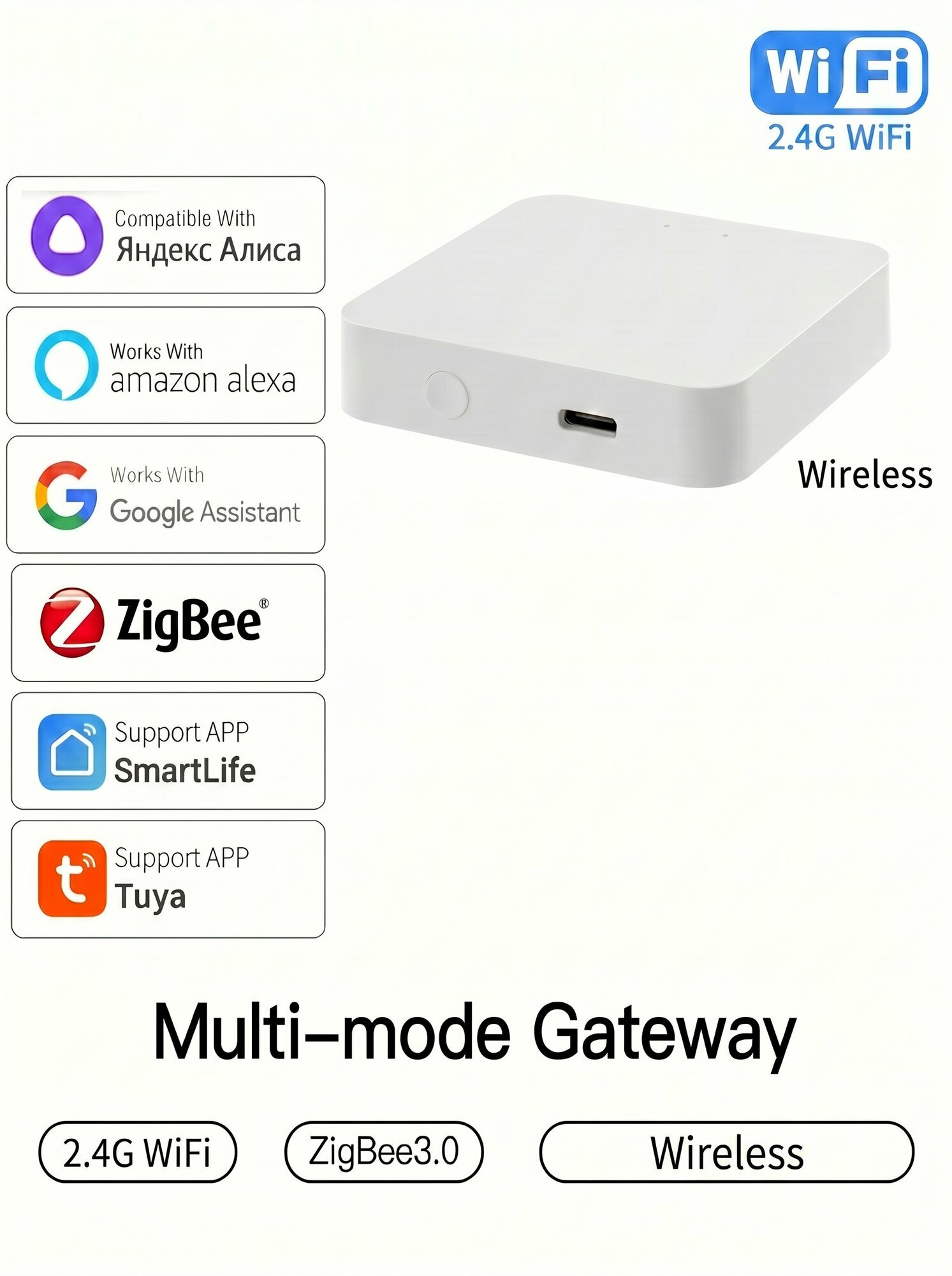 Шлюз Tuya, мультимодовый, ZigBee/Bluetooth/Wi-Fi, совместимость с Alexa/Google Home, Wireless