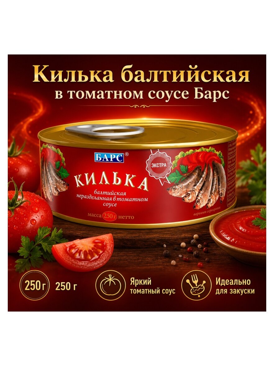Килька балтийская в томатном соусе Барс ж/б easy open 250 г
