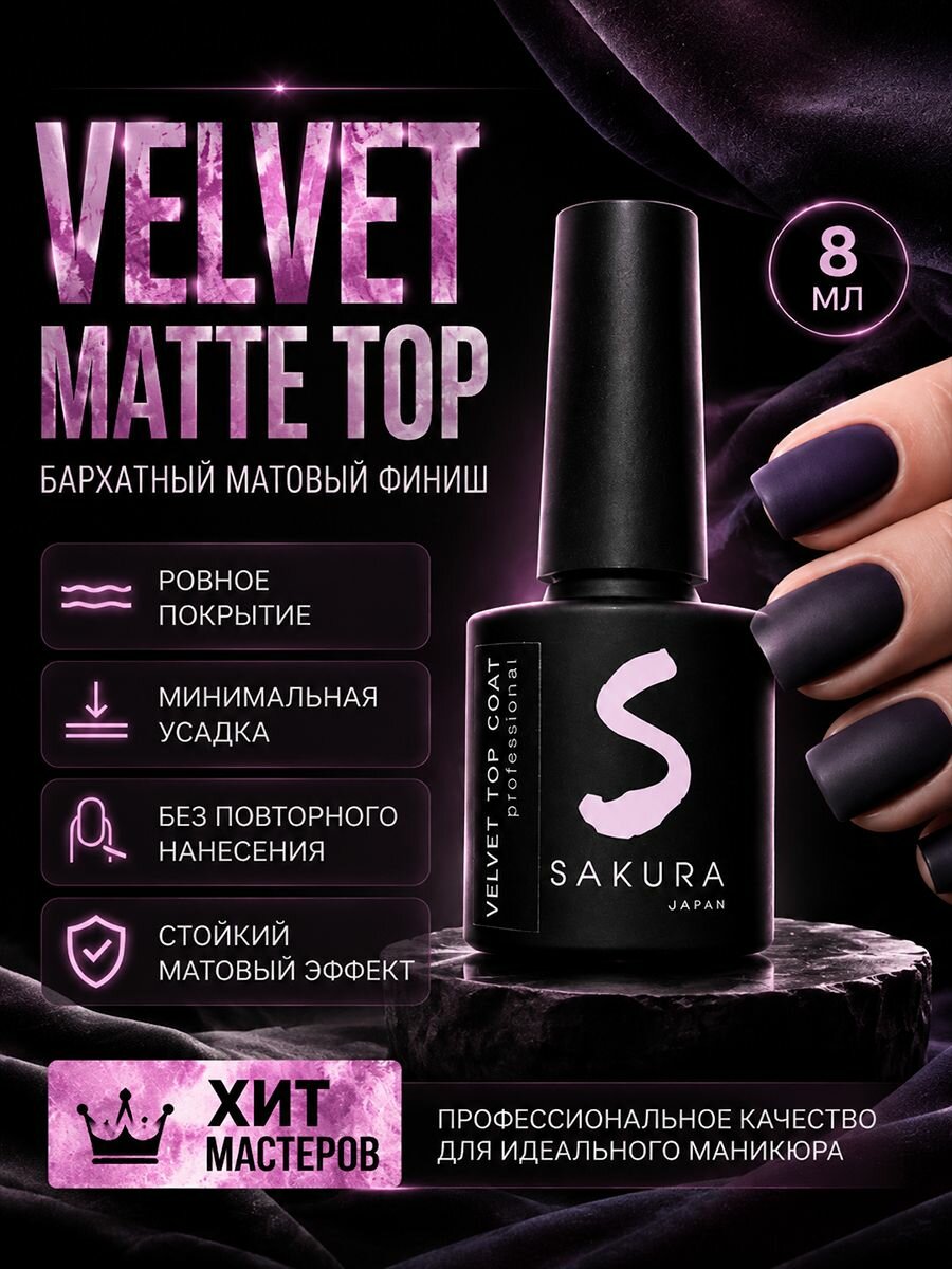 Топ для ногтей Sakura Velvet matte вельветовый матовый, 8 мл