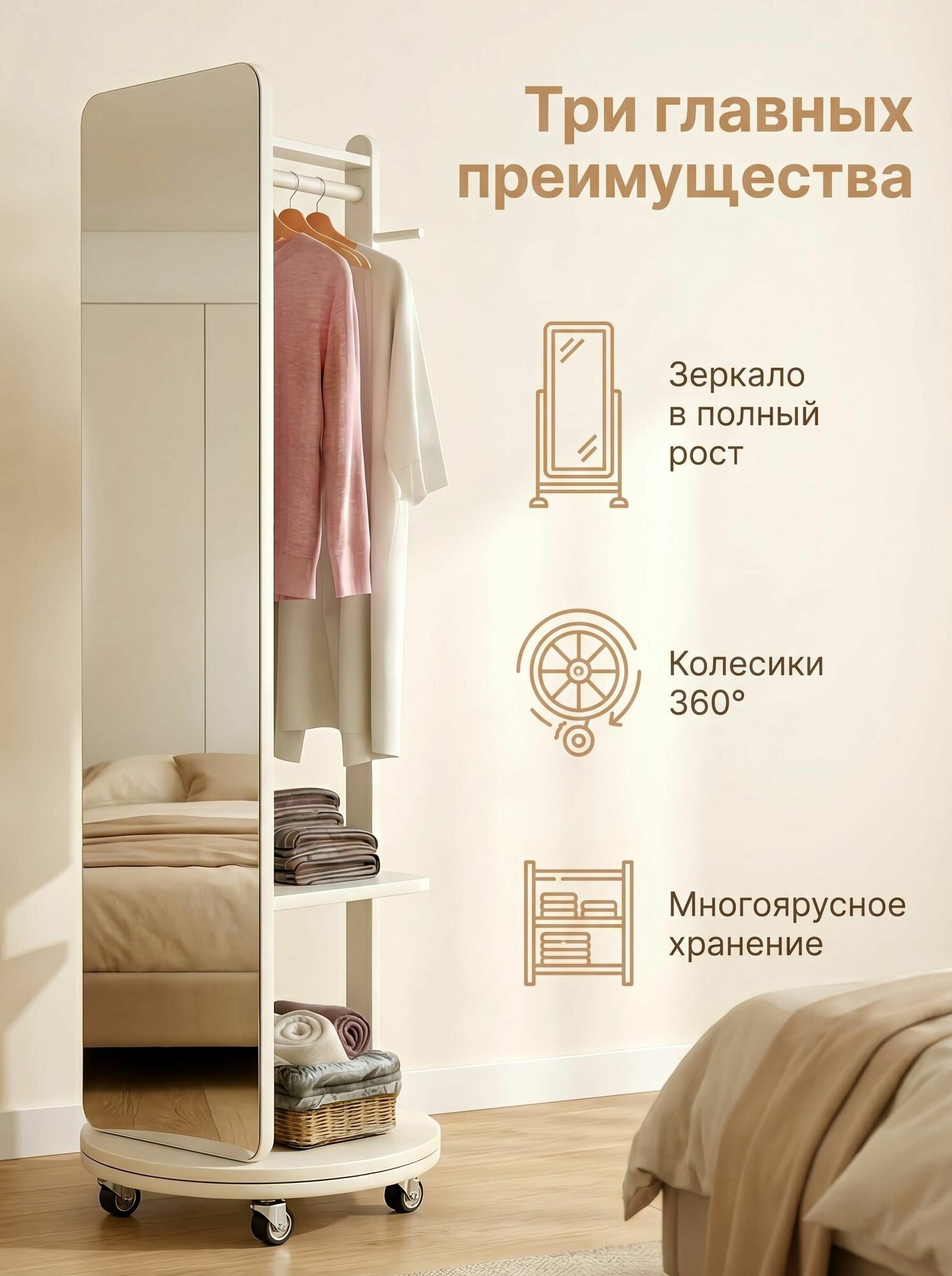 Напольное зеркало-вешалка, поворот 360, МДФ, белое, 175x55 см