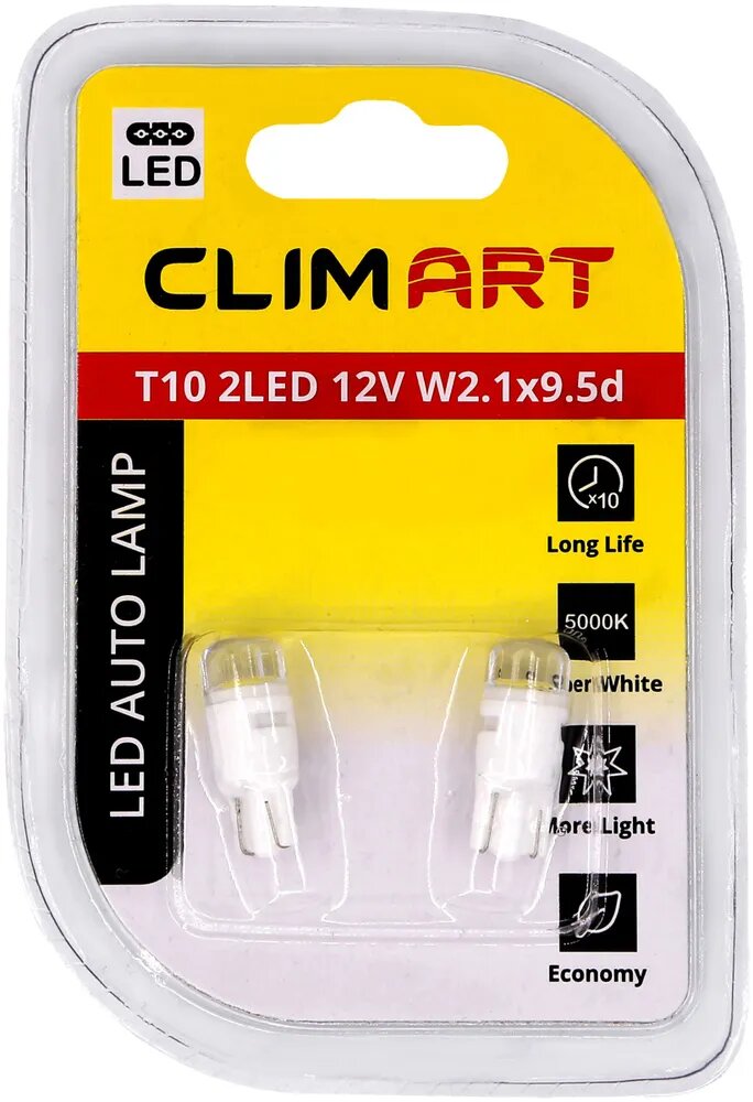 Лампа автомобильная CLIM ART светодиодная T10 2LED 12V W2.1x9.5d (W5W)/комплект, 2шт