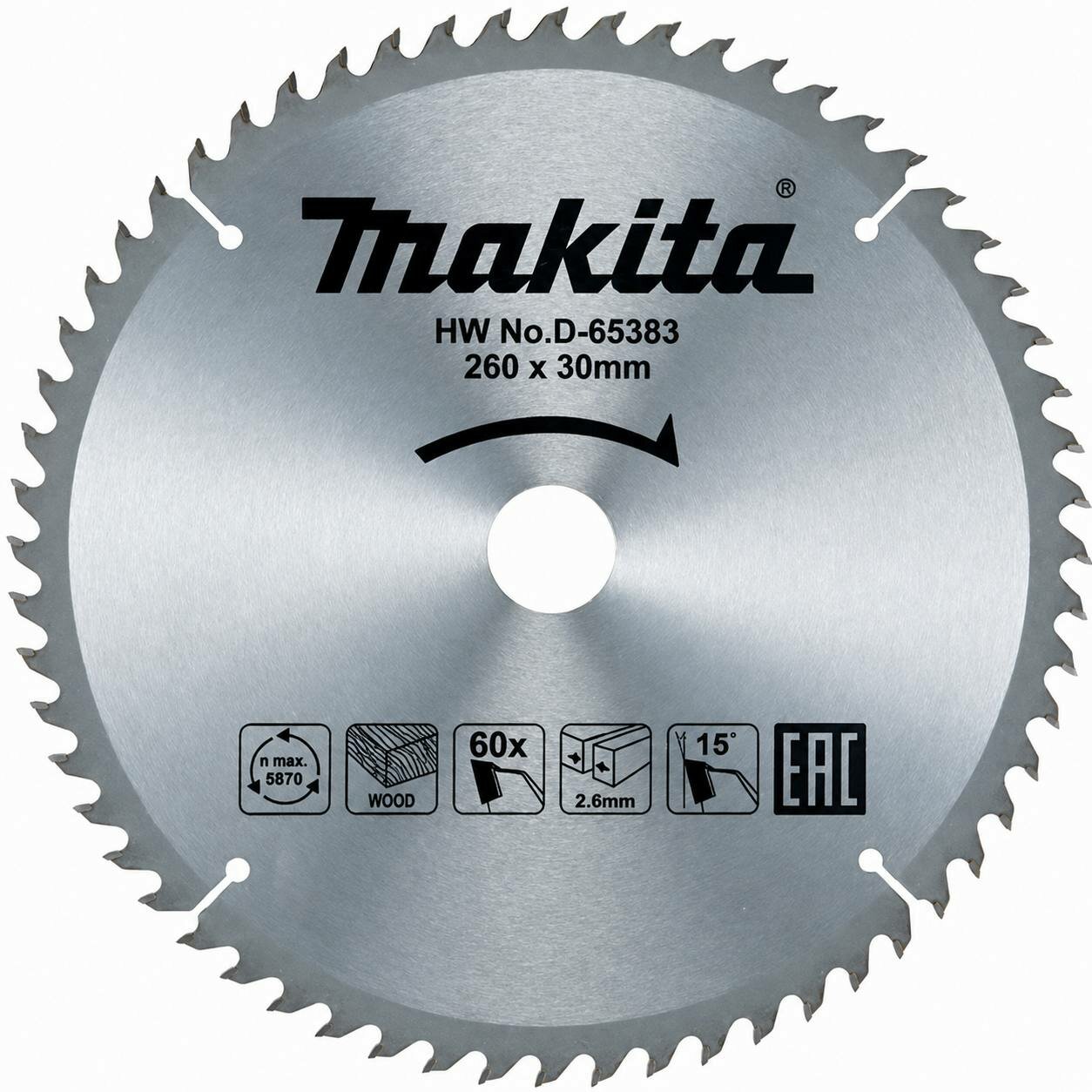 Пильный диск для дерева Makita, 260x30x1,8x60T артикул D-65383