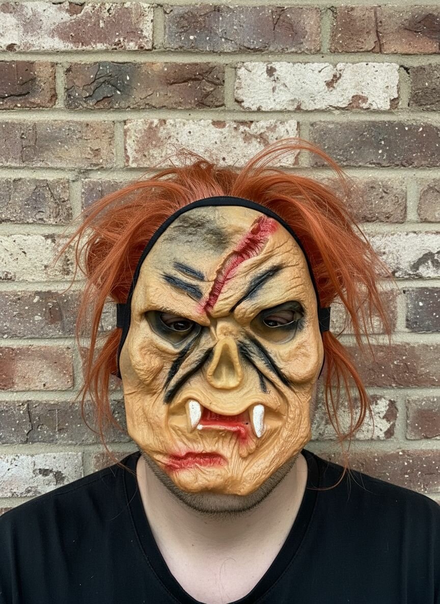 Маска на Halloween, Череп с белыми зубами, рыжие волосы, латекс, 20х21см