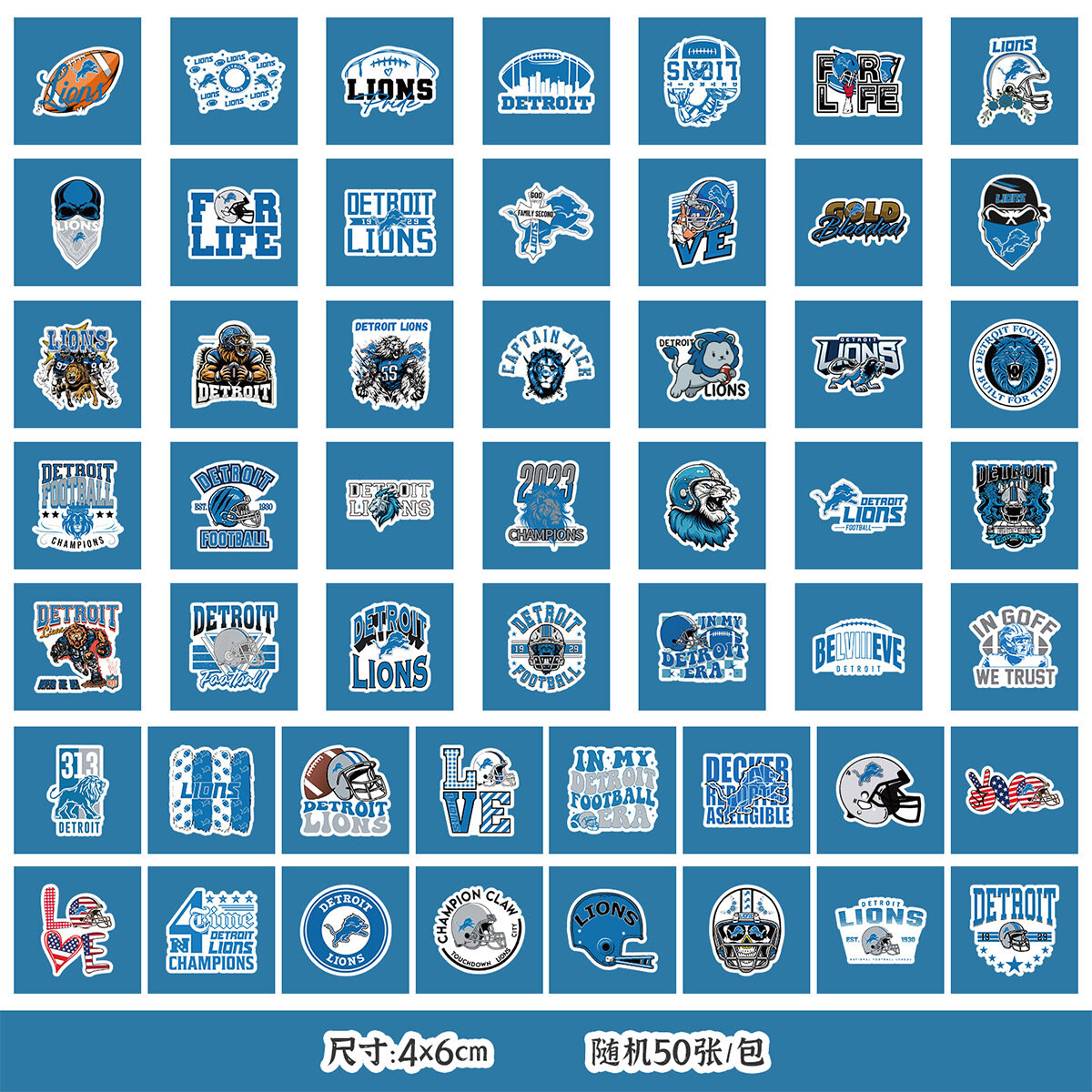 50-штучные наклейки с логотипом Detroit Lions (NFL) для кружек, скейтбордов и чемоданов — водостойкие виниловые наклейки