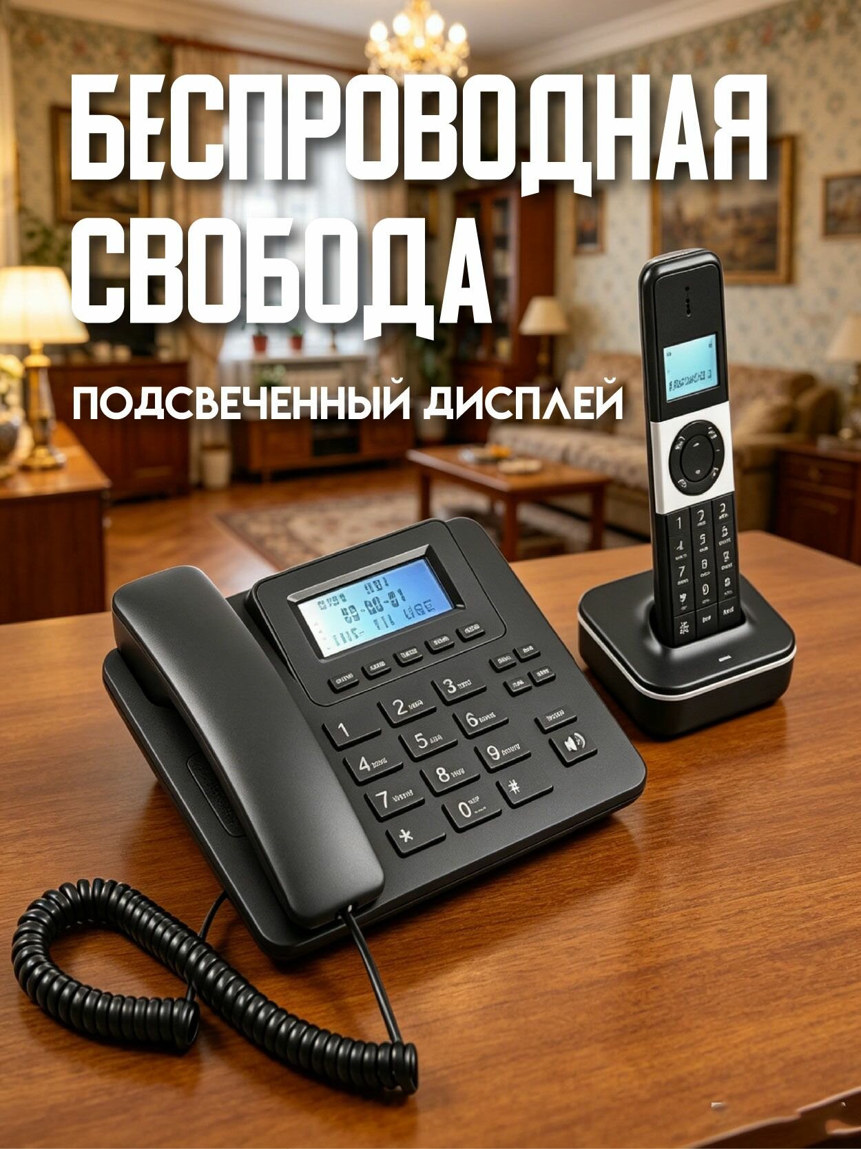 Домашний проводной радиотелефон с двумя трубками черного цвета комплект из Китая