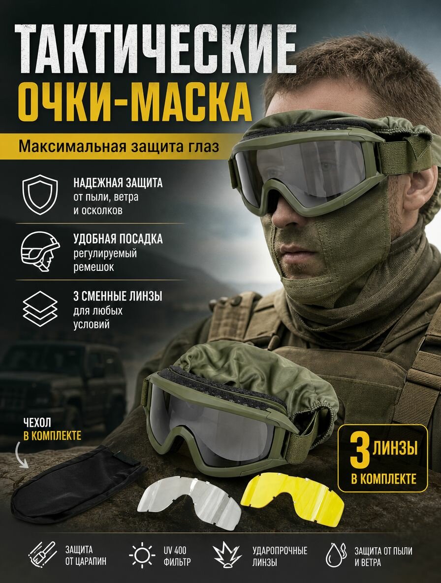 Комплект тактических защитных очков из 3 предметов: основные серые усиленные линзы, желтые и прозрачные противотуманные оливковый