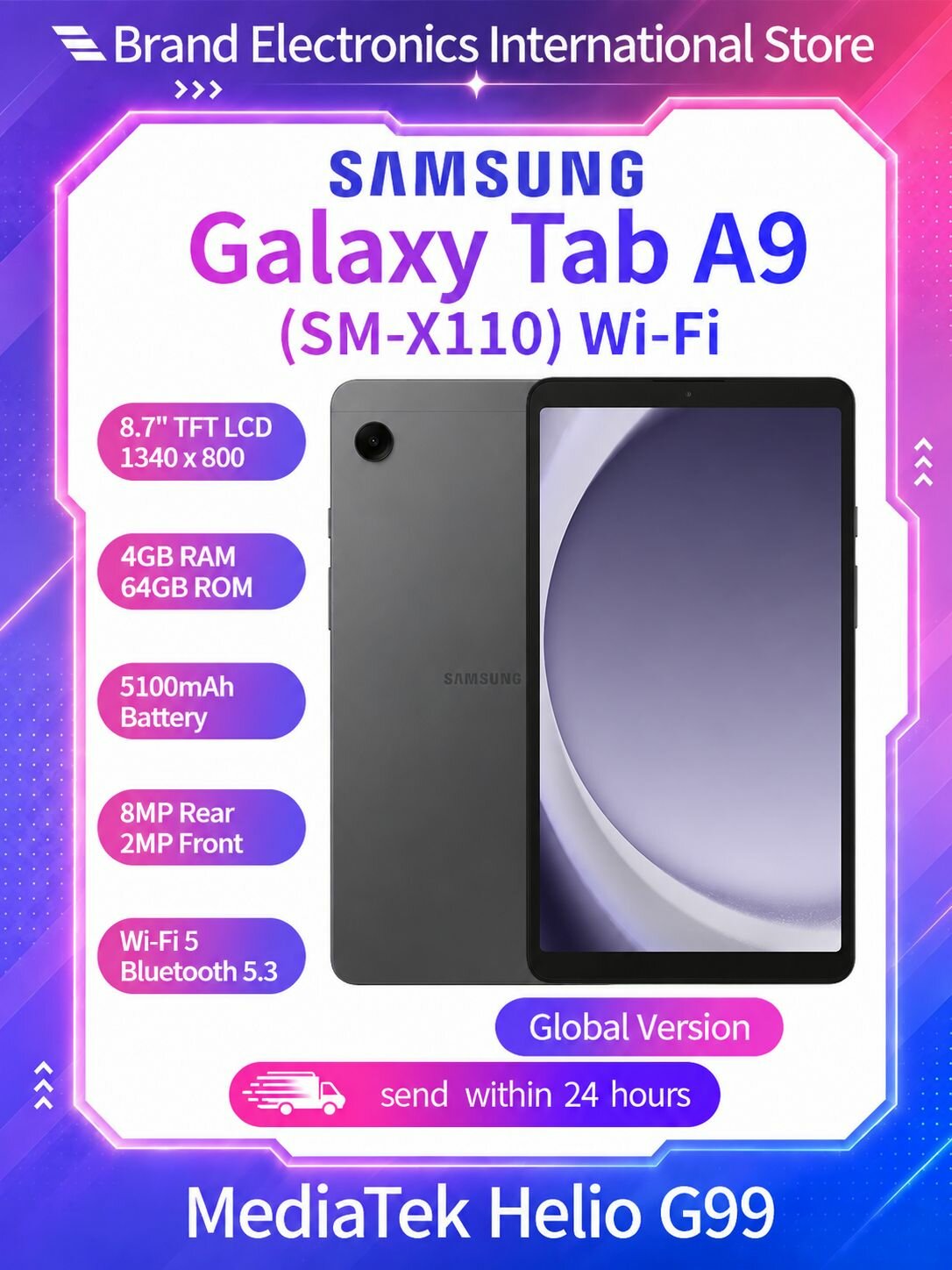 Планшет Samsung Galaxy Tab A9, 8.7" 64GB, 4GB RAM, Wi-Fi, 5100mAh, Android 13, стереодинамики, детский режим, Серый