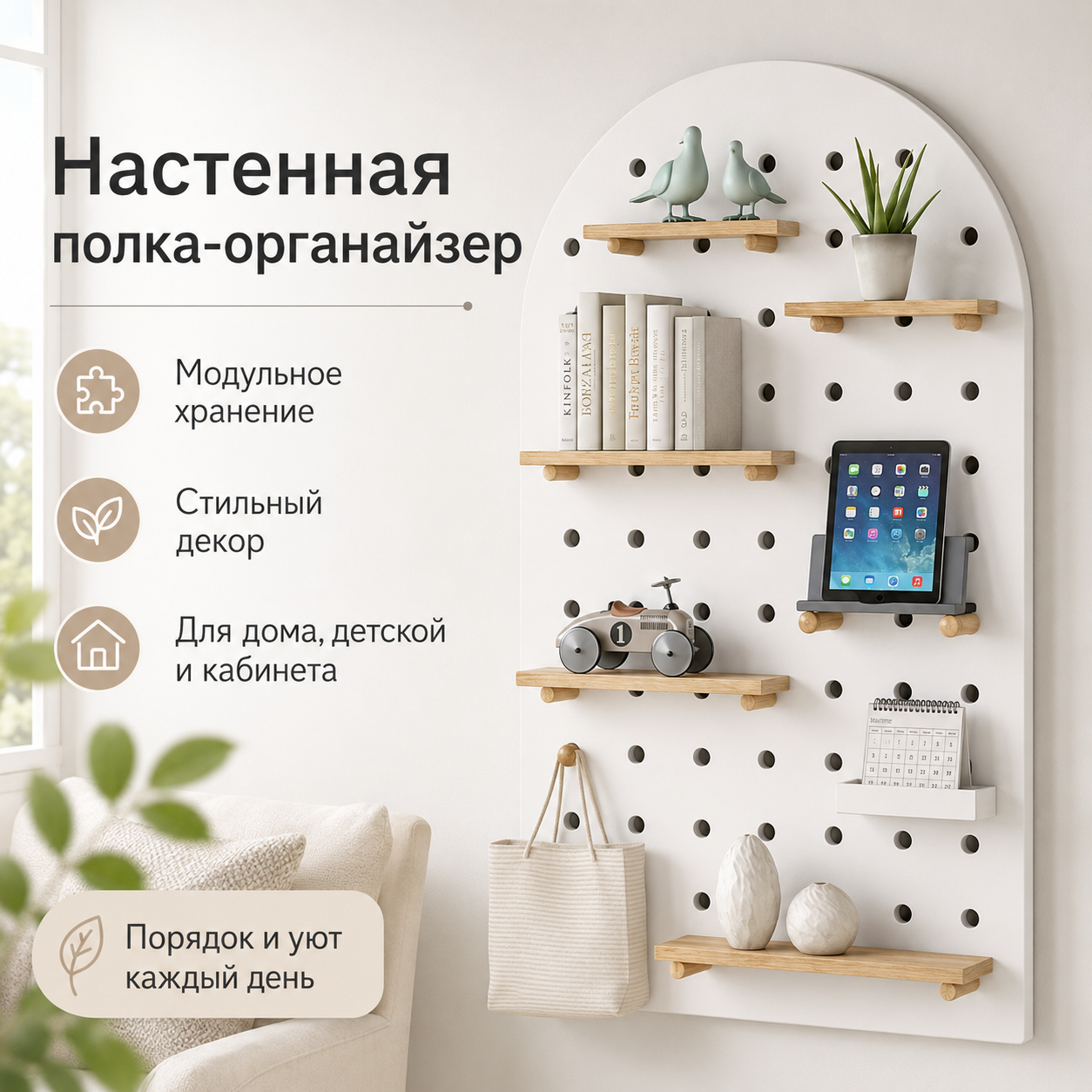 Полка настенная из массива дерева "дуга" 120х60 см. с 5 полками, цвет белый