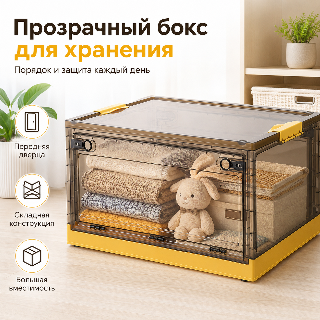 Органайзер для хранения с крышкой с колесами , Контейнер, Ящик, коробка для вещей, 60х42х34, Мусс желтый,80 л