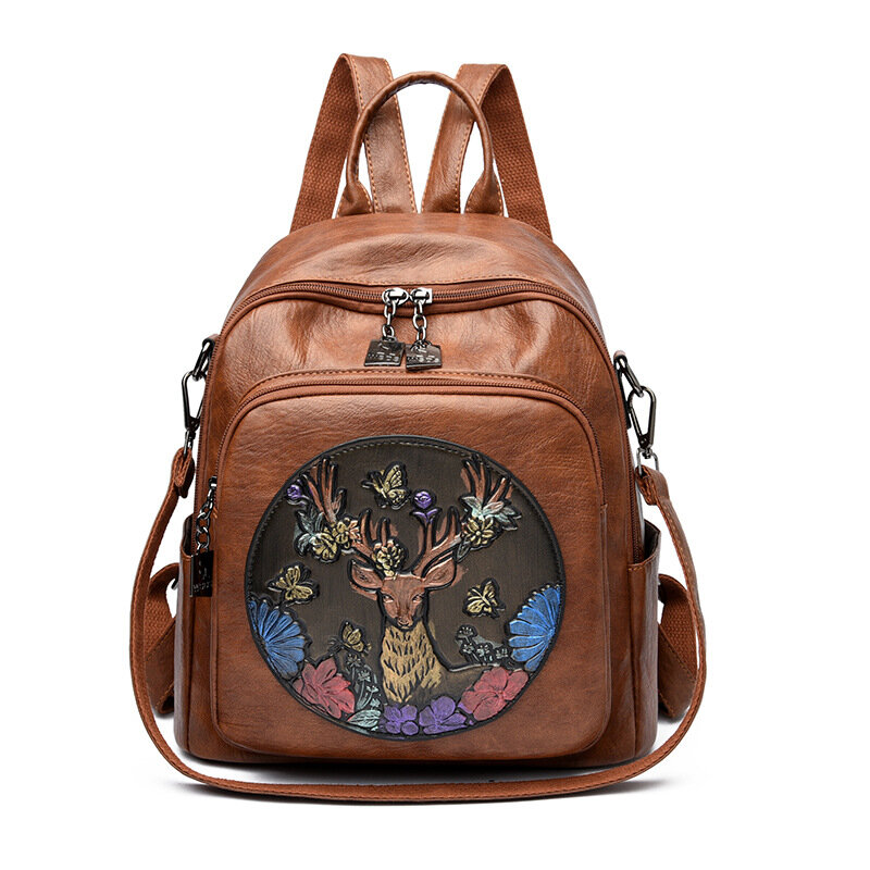 Women's Backpack 2025 Popular Chinese Style Embossed PU Leather Backpack Large Capacity Retro Backpack