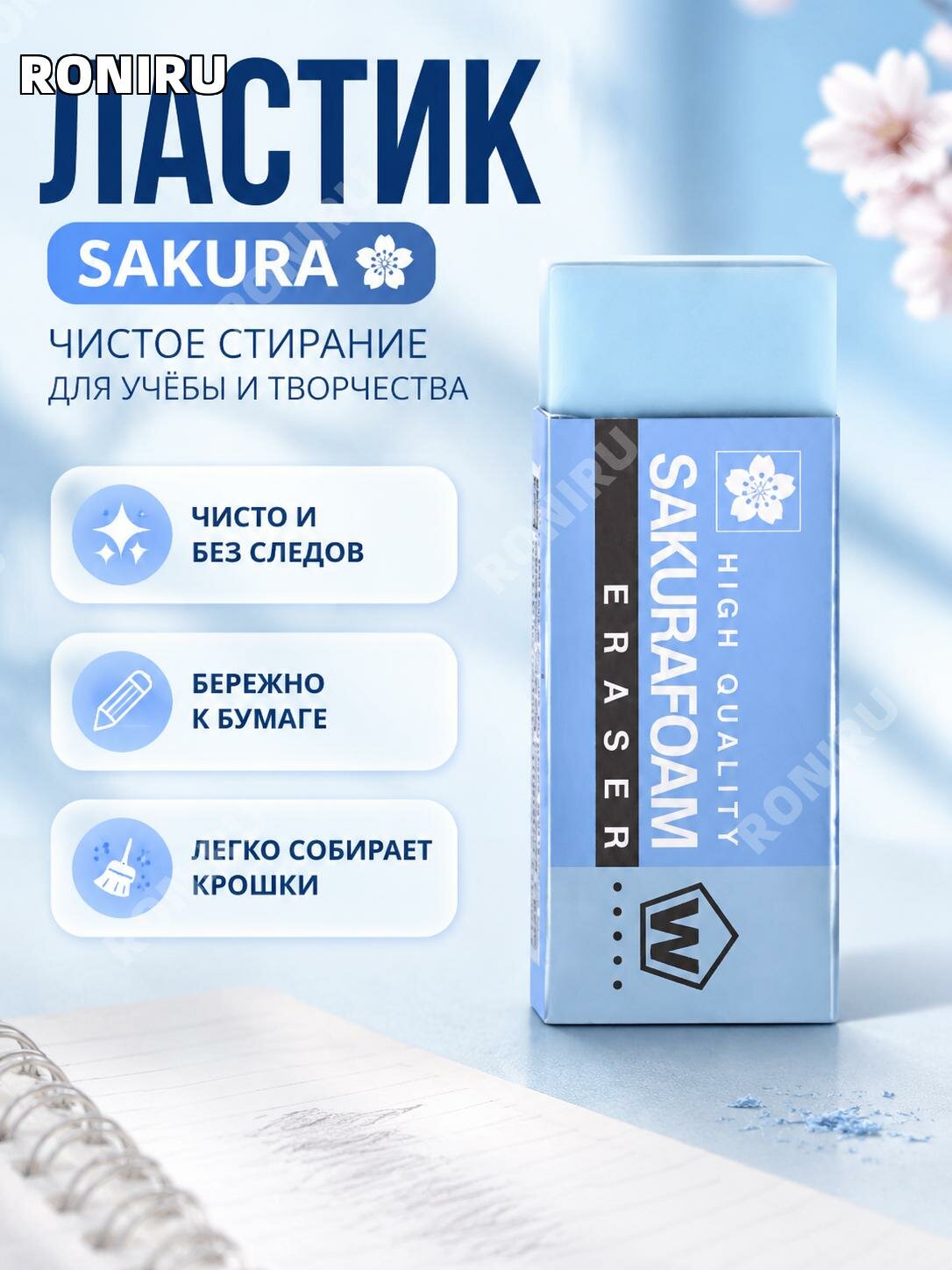 Ластик Сакура цветной резиновый для школы, светло-голубой
