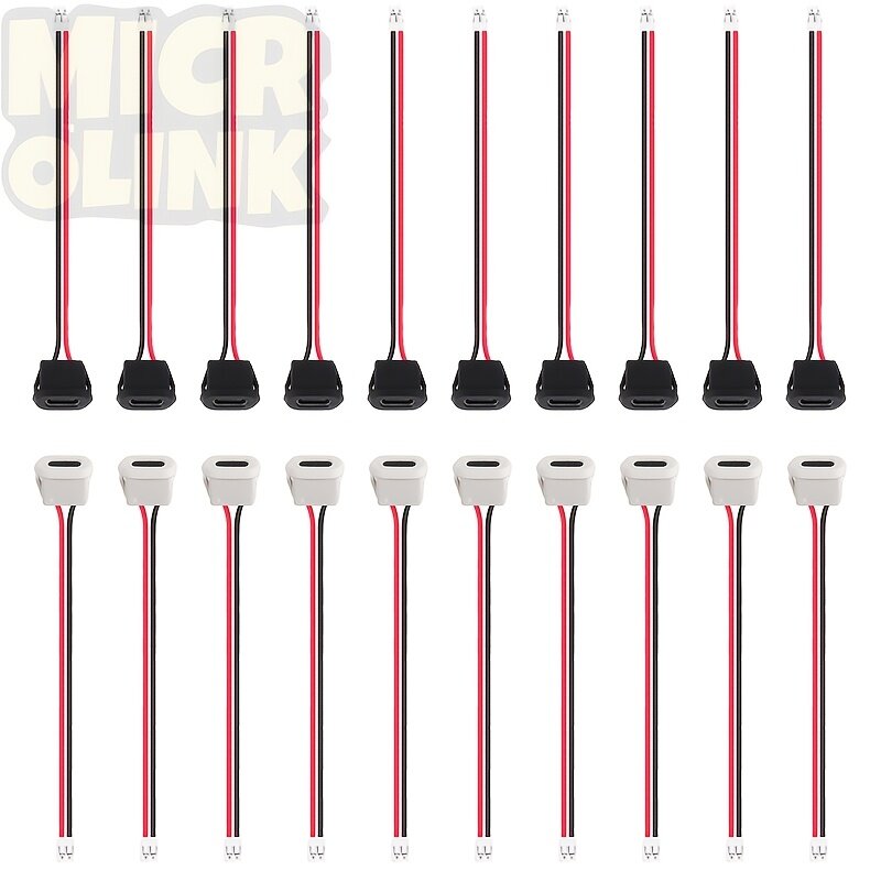 Набор разъемов Type-C Female 20 шт, 2-жильные провода для пайки, USB-C удлинитель, кабель питания, комбинация USB-C штекер и 2-контактный открытый разъем с клеммами (без электричества)