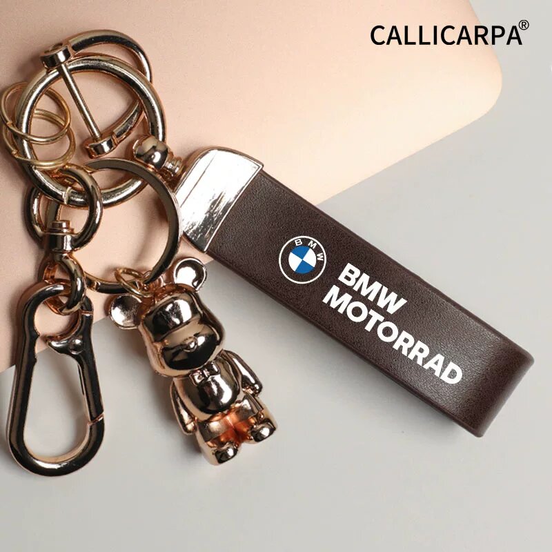 Ключен для мотоциклов BMW из натуральной кожи в элегантном сером цвете с золотым шампанским кольцом, кольцом-ключом и