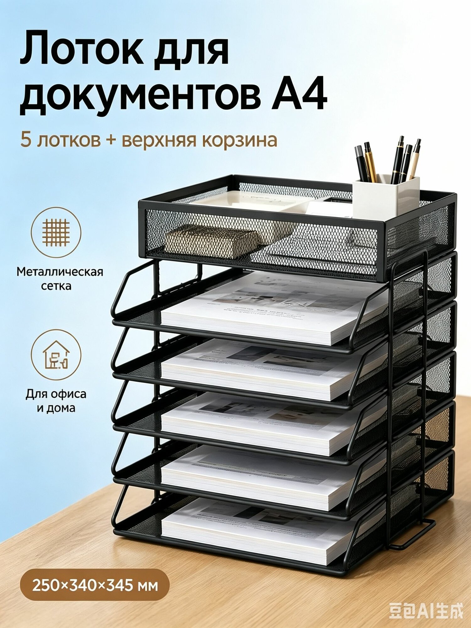 Органайзер для документов, металлический, 5 секций, для бумаг А4