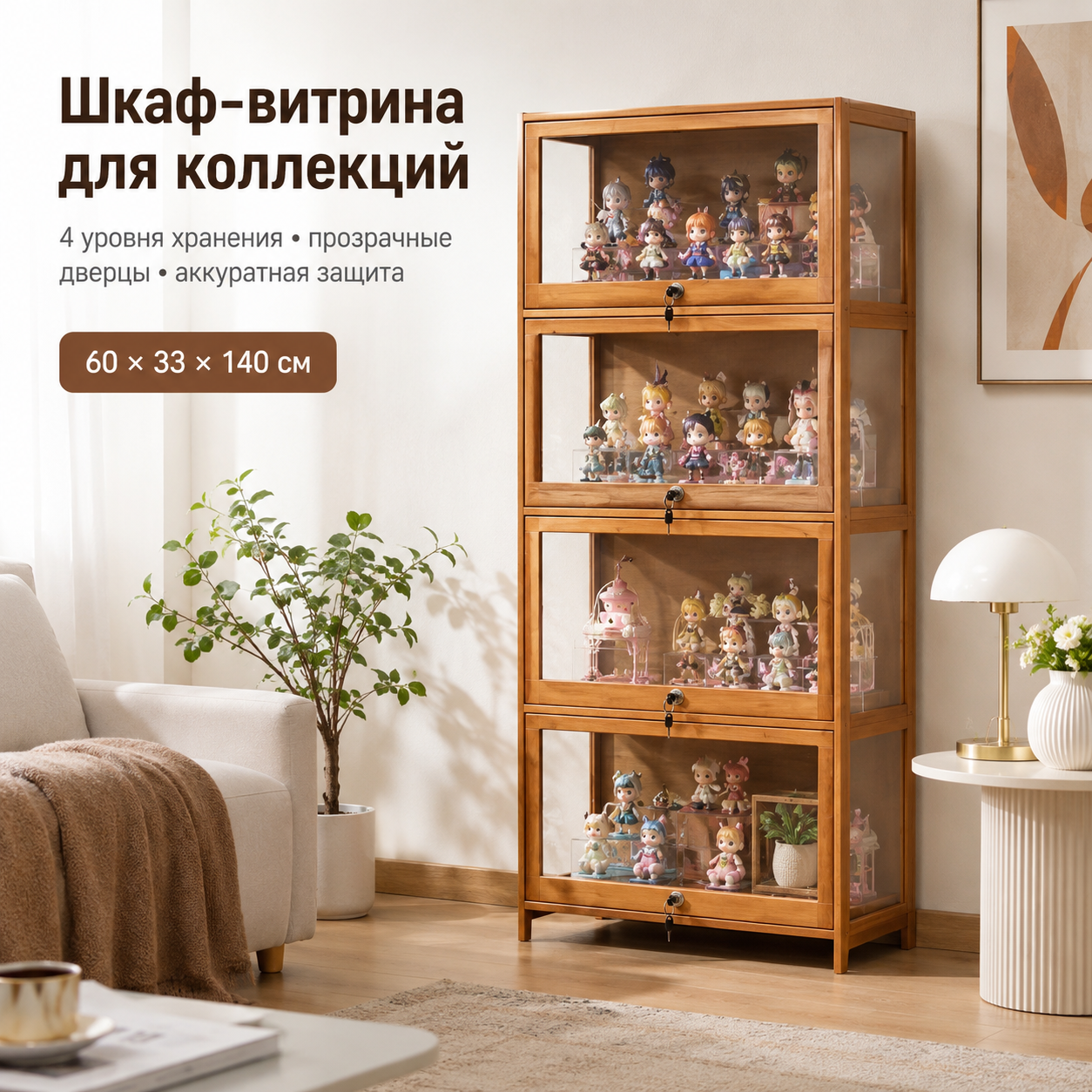 Влагостойкая бамбуковая выставочная тумба с четырьмя закрытыми отсеками, 60х33х140 см