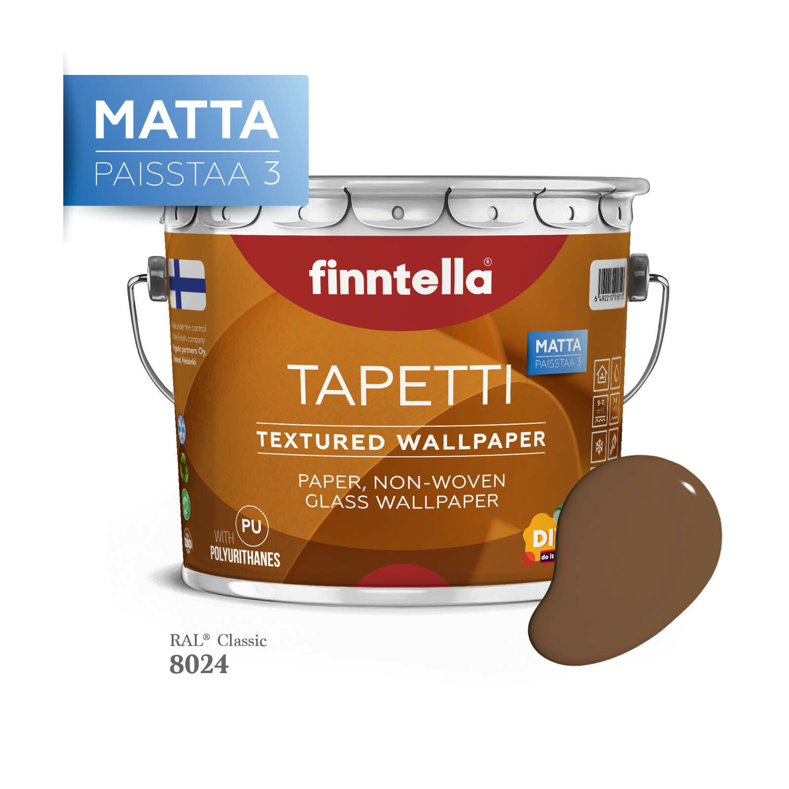 Матовая краска для обоев под окраску TAPETTI Matta FINNTELLA, Цвет RAL 8024 Бежево-коричневый (Beige brown), 2,7л