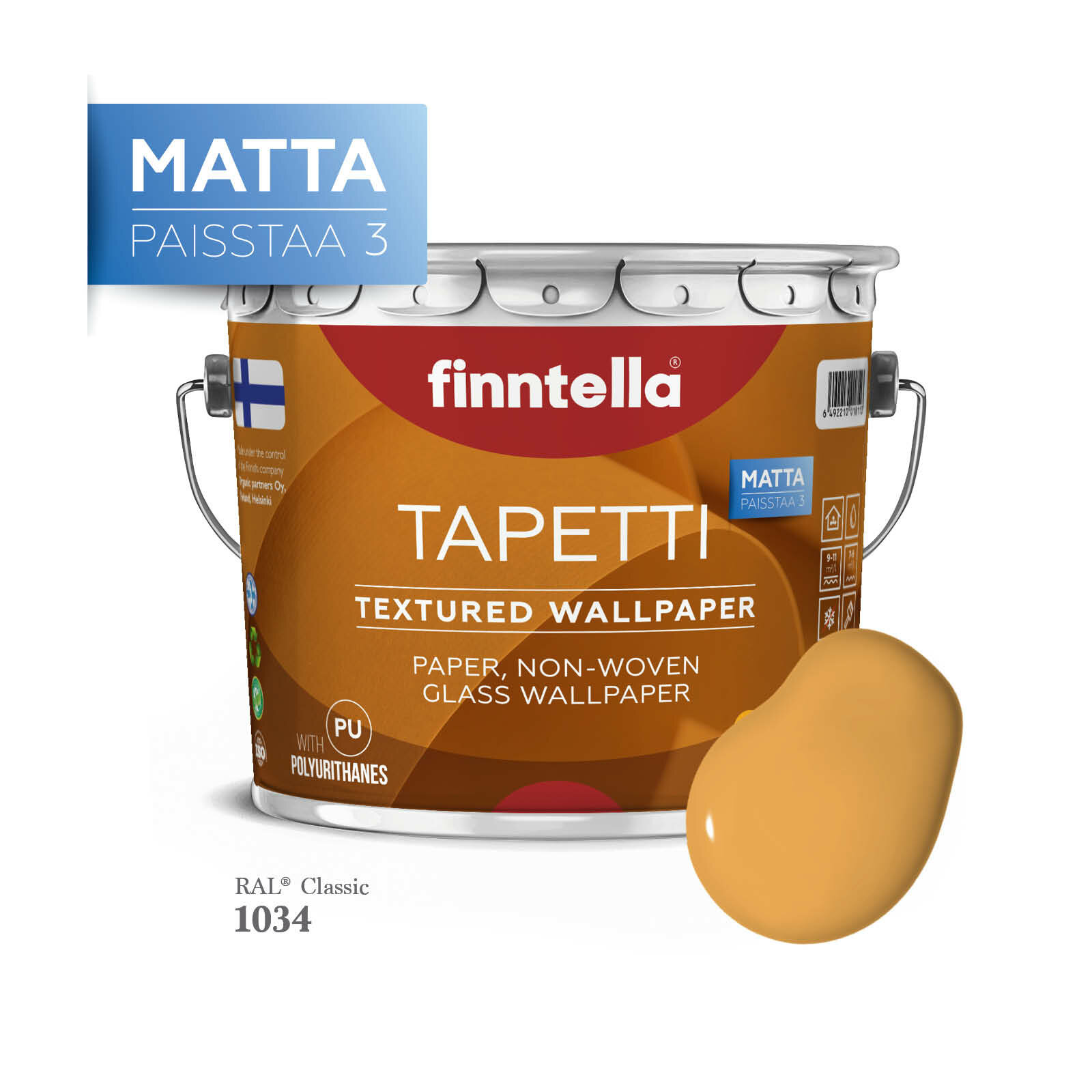Матовая краска для обоев под окраску TAPETTI Matta FINNTELLA, Цвет RAL 1034 Пастельно-желтый (Pastel yellow), 2,7л