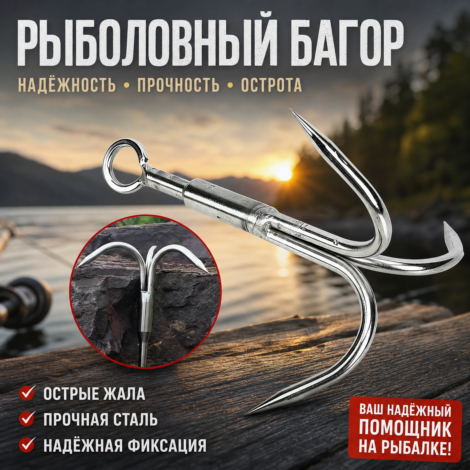 Крюк-якорь трехлапый из нержавеющей стали, прочный и острый, для рыбалки и подводной охоты, а также для очистки дна от травы и поиска снастей (Длина: 120 мм)