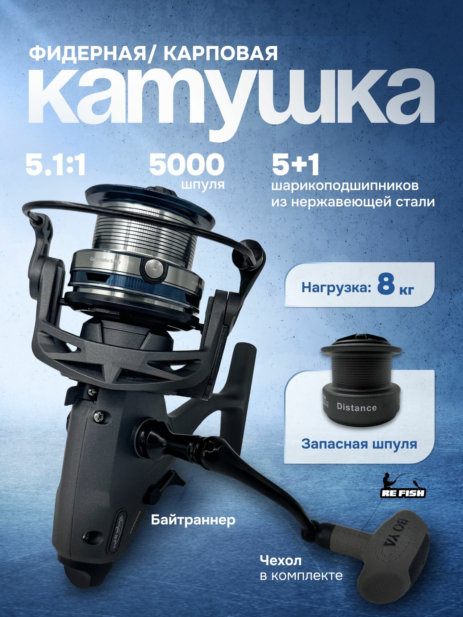 Катушка рыболовная безынерционная фидерная, карповая с байтранером 5000