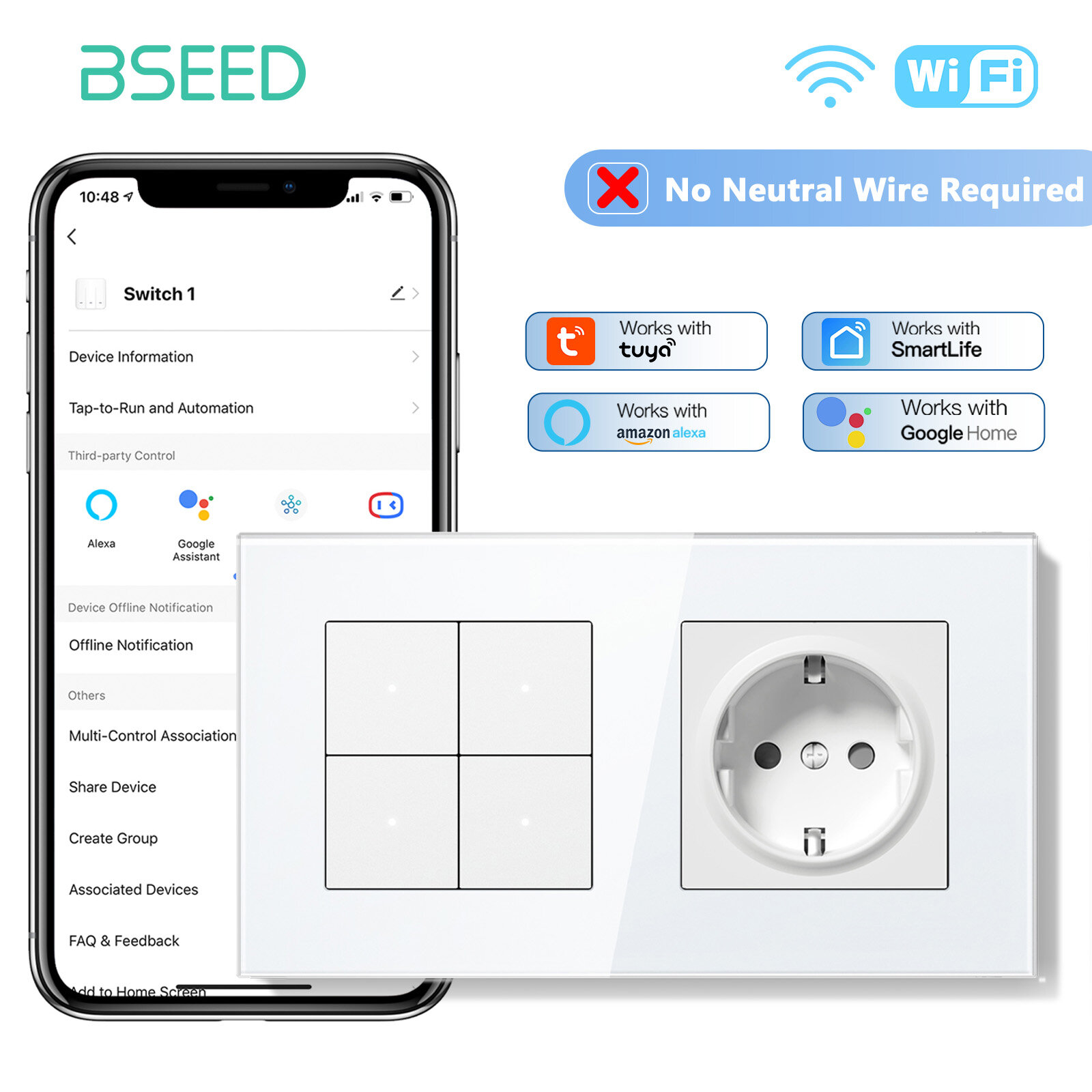 Умный выключатель без нуля WIFI с розеткой , Серия E - CLICK