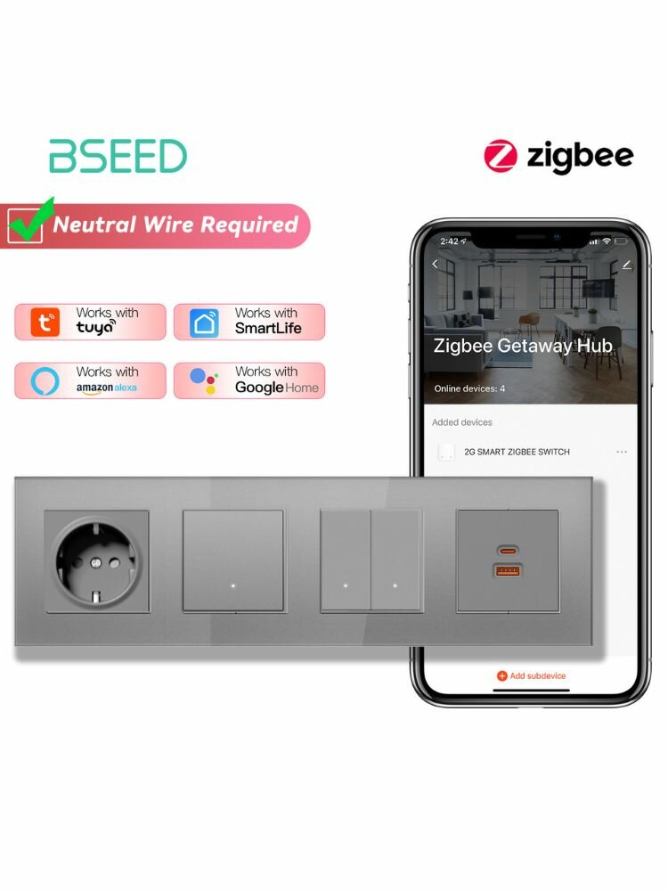 Умный выключатель ZIGBEE+ обычная розетка+Быстрая зарядка 65 Вт USB Type-C, серия E CLICK